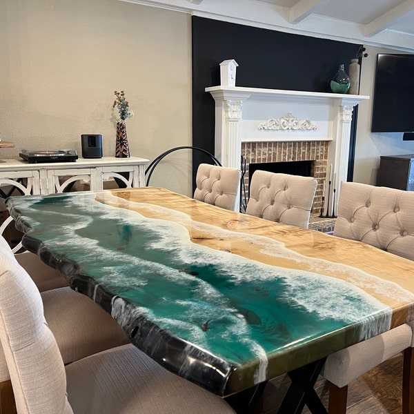 Shark Ocean Epoxy Side Table, Live Edge Coastal Accent Table, Handmade ...