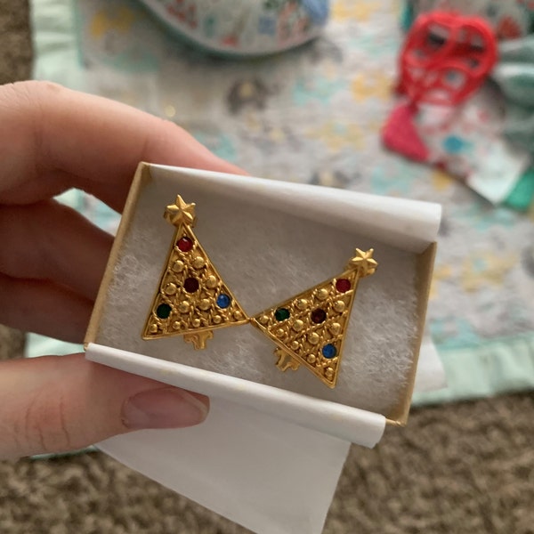 Vintage Triple Loop Bow Ribbon Rhinestones Gold Tone Holiday Christmas ...
