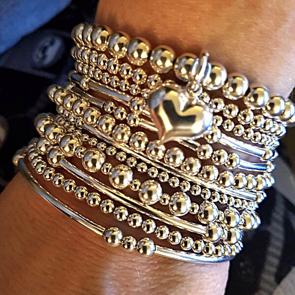 925 Sterling Silver Stretch Bracelet, Bracelet, Stacked Bracelets - Etsy