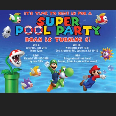 SUPER MARIO BROS Pool Party Invitation, Birthday, Kid's Party, Baby ...