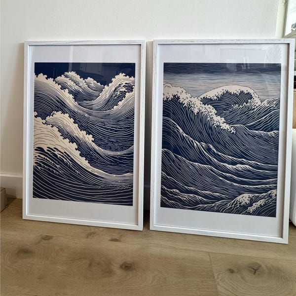 Linocut Sea Ocean, Japan Retro Wave, Waves Line Print, Linocut Waves ...