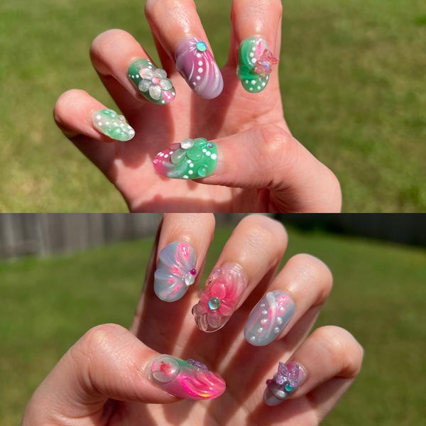Spring Garden Press on Nails | Pearl Beads and Butterfly Nail Art ...