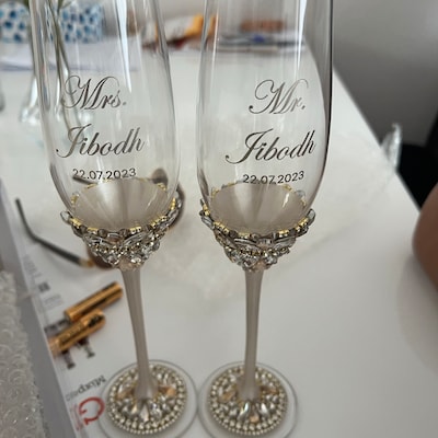 Wedding Flutes for Bride and Groom, Personalized Toasting Glasses White ...