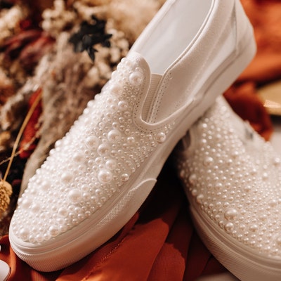 Pearl Embellished Vans Custom Wedding Slip on Vans Custom Wedding Vans ...