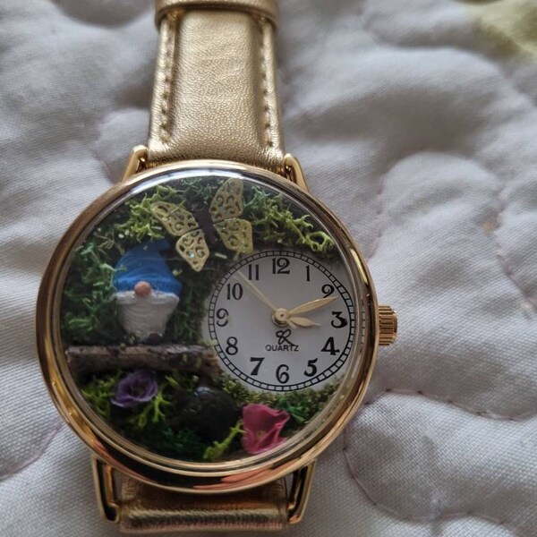 Gnome Watch With Cute Little Gnome Sitting on a Log, Greenery, Flowers ...