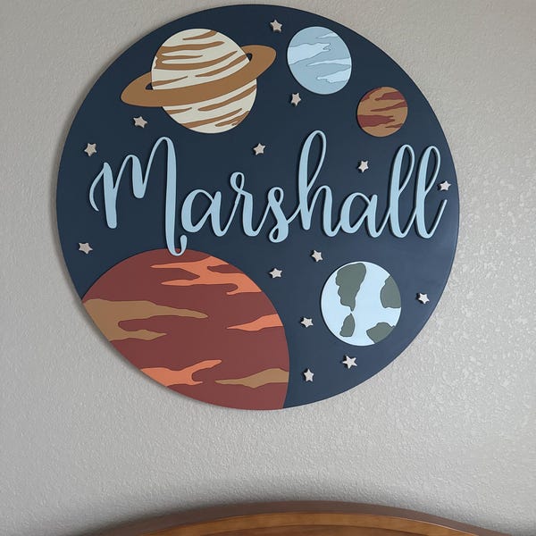 Custom Round Space Planets Boy Name Sign: Solar System Nursery Decor ...