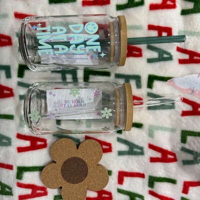 Flower Glass Cups, Floral Iced Coffee Cup, Glass Cups With Lid and ...