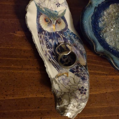Decoupage Owl Offering Shell Oyster Shell Ring Dish Owl Lover Decor ...