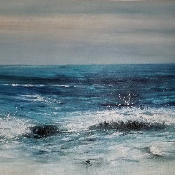 Original Blue Ocean Painting, White Wave Abstract Painting, Large Sky ...