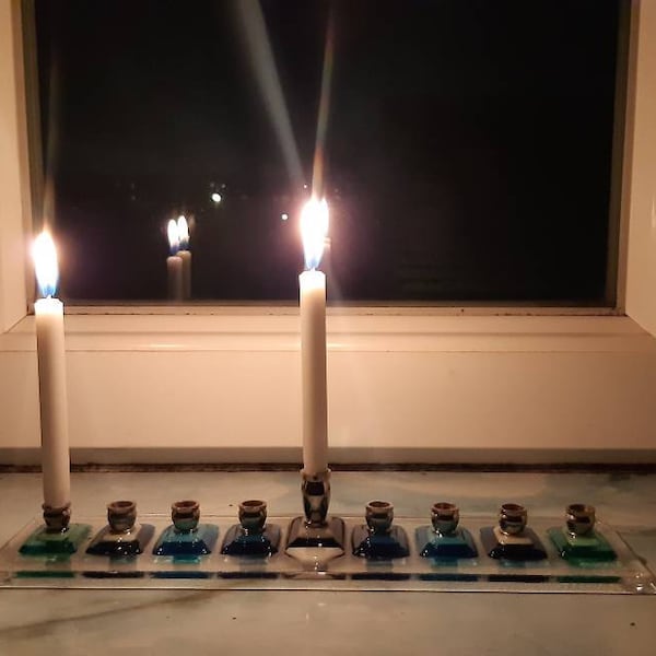 Menorah, Fused Glass Hanukkah Menorah in Turquoise, Blue and White ...