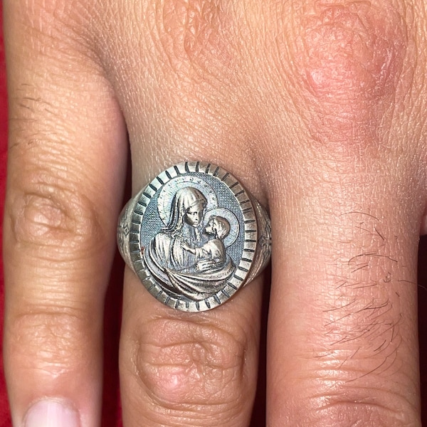 Mary With Child Mens Signet Ring for Men in Sterling Silver, Holy ...