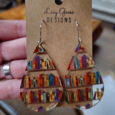 Clear Acrylic Bookshelf Teardrop Earrings, Librarian Earrings, Book ...