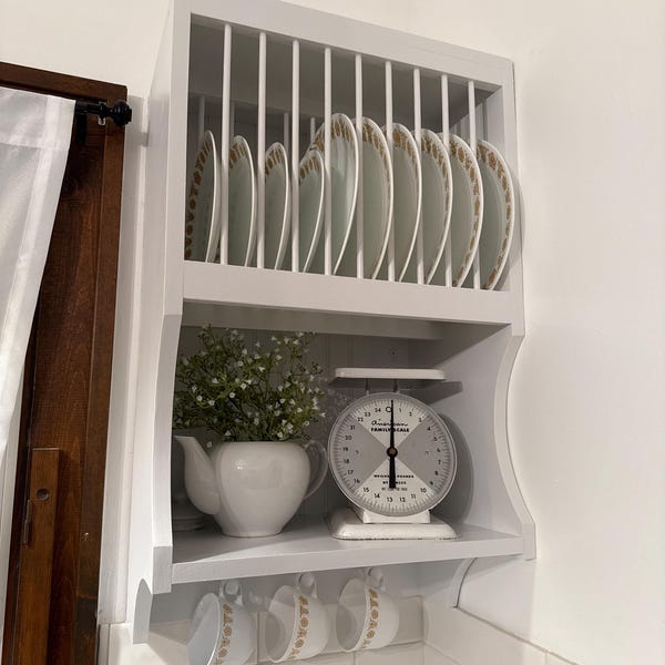 New 2 Tier Shaker Peg Crown Moulding Wood Cup Plate Dish Rack Kitchen ...