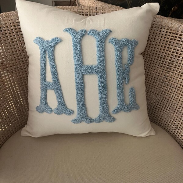 Monogram Pillow Cover With Punch Needle Embroidery, Personalized ...