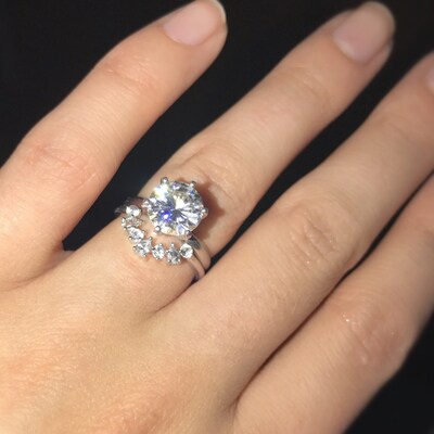 White Sapphire Ring 14K Gold Wedding Band Teardrop Round Prong Set ...