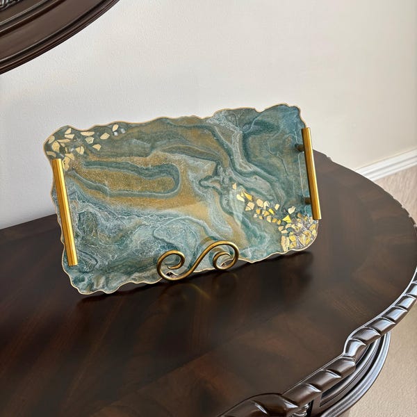 Wood and Epoxy Resin Tray Blue Design, Serving Tray, Tv Tray, One of a ...
