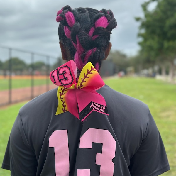 Glitter Softball Bow, Hot Pink With Softball Yellow Ombre, With Name ...