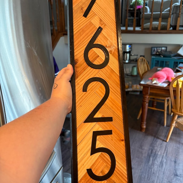 Handcrafted Cedar Address Sign: Modern Herringbone House Number Plaque ...