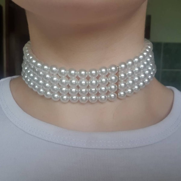 Elegant Pearl Statement Necklace • 4 Row Pearl Choker • Vintage Style ...