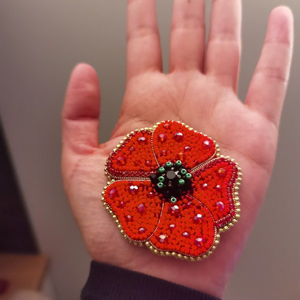 Beaded Poppy Brooch Red Floral Jewelry Embroidered Gift for Her Unique ...