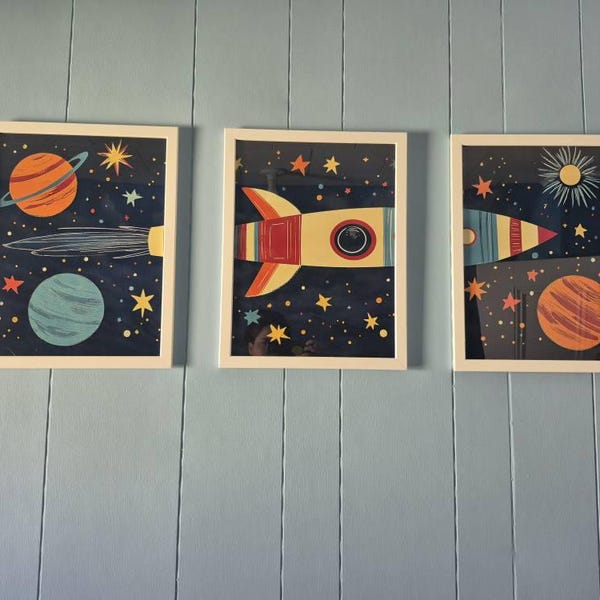 Space Rocket Wall Art Set of 3, Retro Rocket Print, Kids Room Space ...