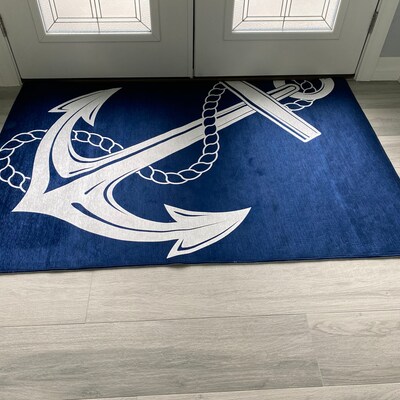Anchor Rug Nautical Rug Boaters Rugs Navy White Floor Rug Beachy Rugs ...