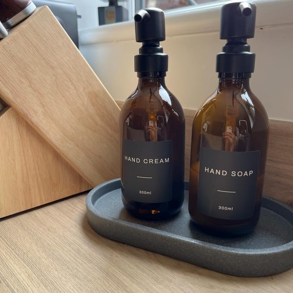 Amber Glass Soap Dispenser - Refillable Bottle With Metal Pump & Label ...