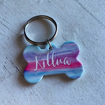 Pink Watercolor Pet ID Tag, Personalized Pet Tag, Cat ID Tag, Dog Name ...