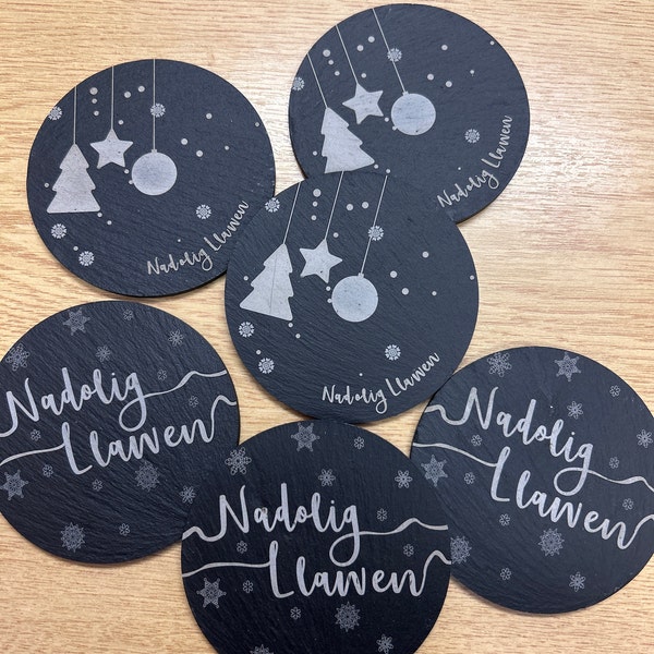 Welsh Slate Christmas Coaster Welsh Language Gift Xmas Nadolig Llawen ...