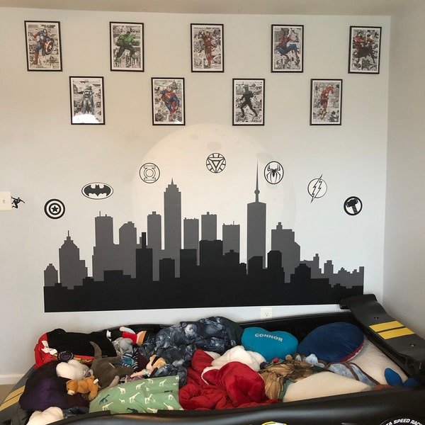 Superhero Wall Decal Boys Room. Cityscape Art Stickers for Playroom ...