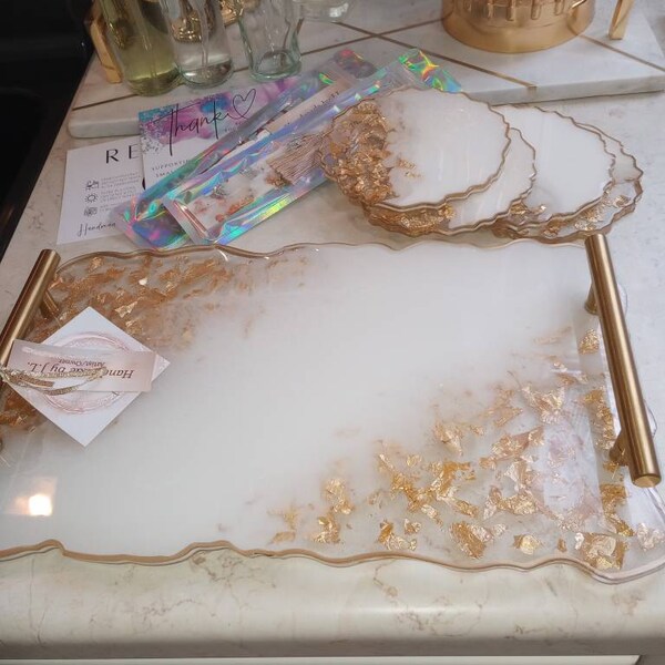 5 Piece SET: 18k Gold & White Handmade Epoxy Resin Charcuterie Tray ...