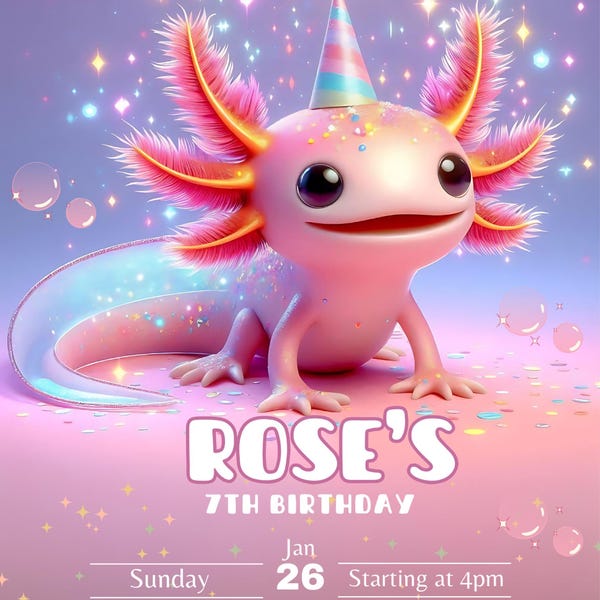 Editable Axolotl Birthday Invitation for Kids, Pink Girl Axolotl Invite ...