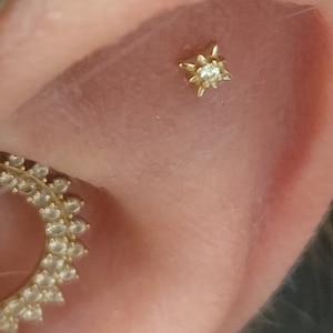 14k Solid Gold Sunburst Stud Earring Dainty Star Cartilage Stud Tiny Conch Stud Helix Stud ...