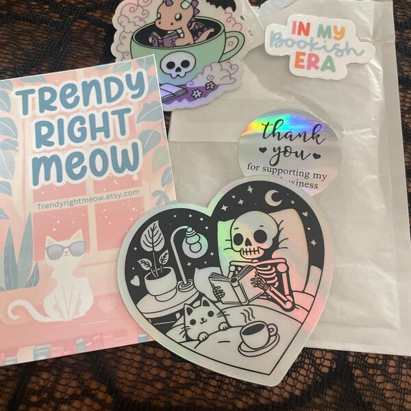 Skeleton Cat Reading Sticker | Cozy Spooky Bookish Gift for Readers ...