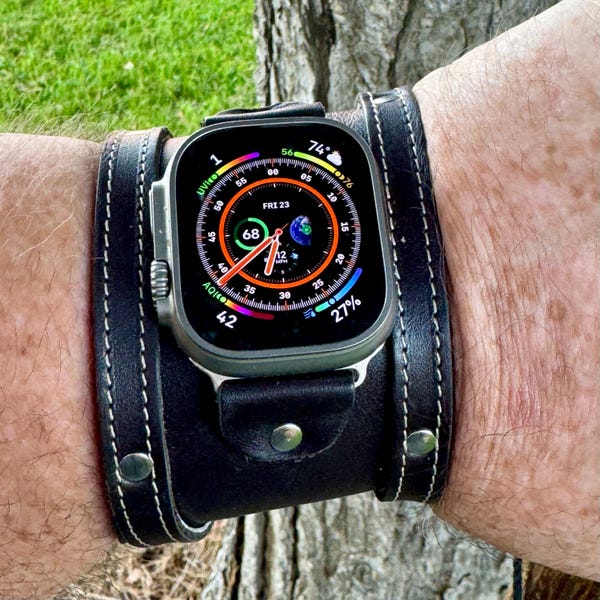 Wide Leather Stitched Cuff Band Compatible With Samsung and Other Smart ...