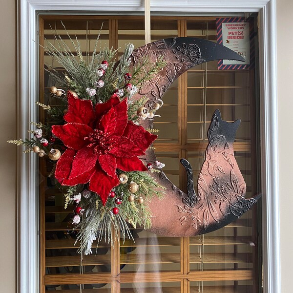 Winter Crescent Moon Christmas Cat Poinsettia Wreath • Witchy Seasonal ...