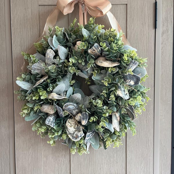 Coastal Wreath for Front Door, Oyster Shell Wreath, Spring Wreath ...