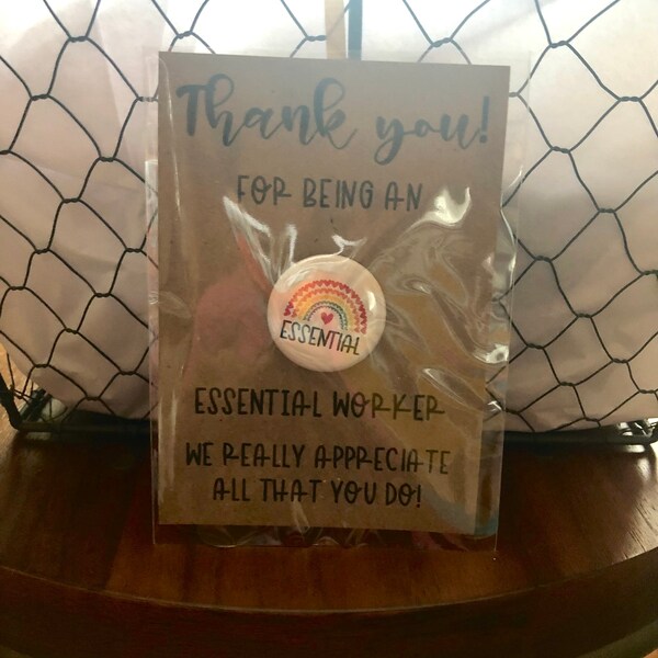 Essential Worker Button Pin and Thank You Card, Essential Worker Thank ...