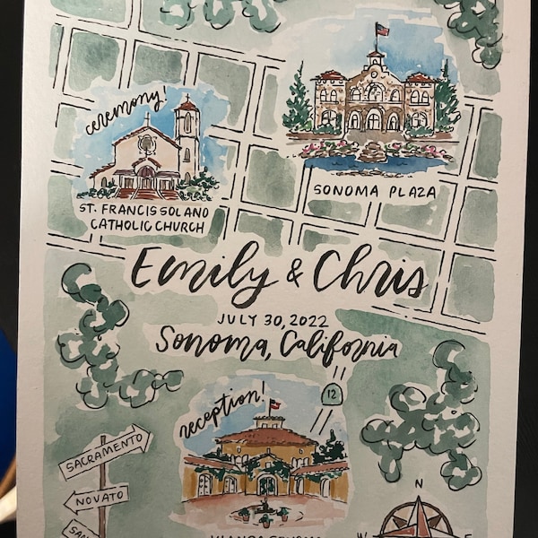 5x7 Custom Hand Painted Watercolor Illustrated Map for a Wedding ...