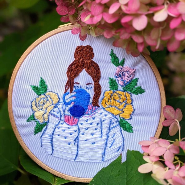 Blue Floral Lady - Blue Wall Art, Hand Embroidery, Blue White ...