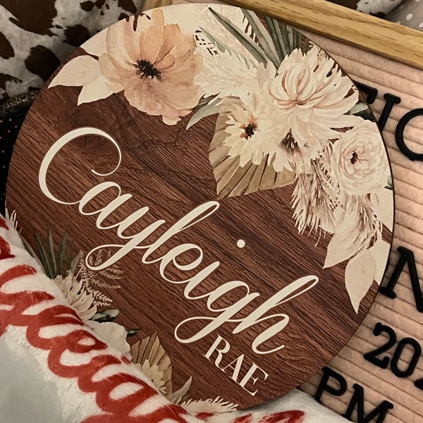Boho Floral Round Wood Name Sign, Boho Pampas Grass Baby Sign, Round ...