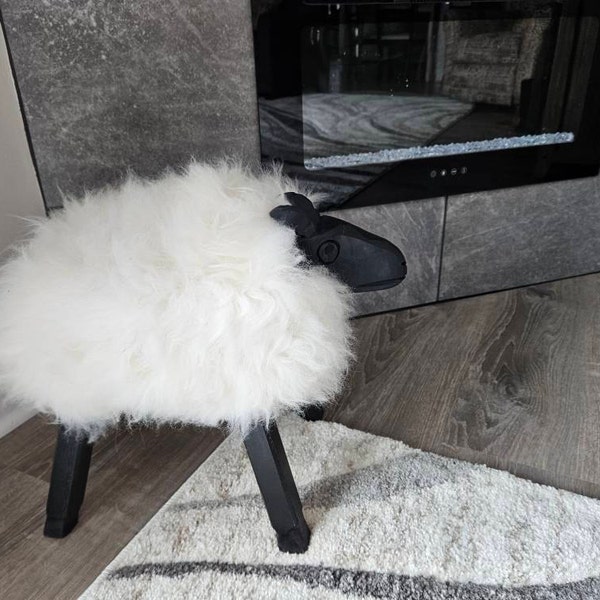 Small Footstool Black Real Sheepskin, Leather Ottoman Footrest ...