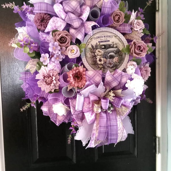 Round Vintage Lavender Flower Market Truck, Metal Wreath Sign ...