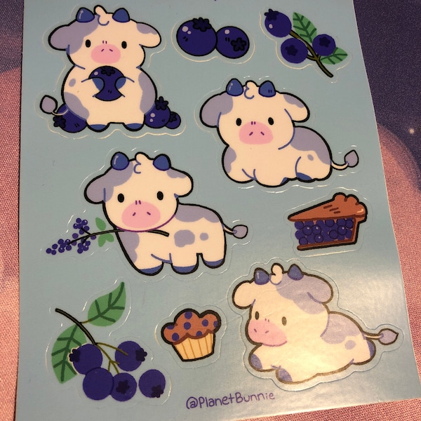 Blueberry Cow Sticker Sheet - Cute Cottagecore Aesthetic Stationery ...