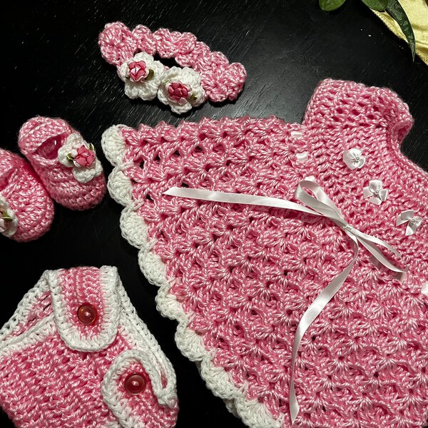 Crochet White and Pink Newborn Dress Set Baby Dress, Headband, Mary ...