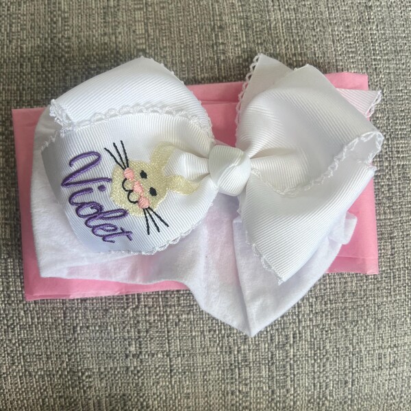 Bunny Hairbow - Embroidered Bow for Spring - Easter Bows for Babies ...
