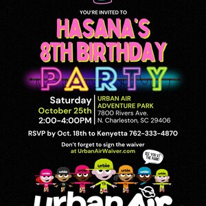 Urban Air, Neon, Jump Party, Air Party, Kid Party, Birthday Invitation ...