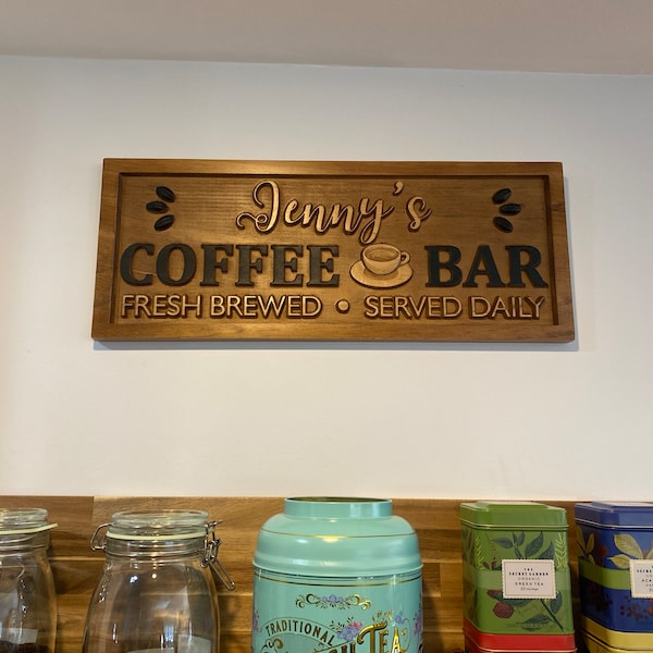 Personalized Coffee Bar Sign for Kitchen | Carved Wood Sign | Custom ...