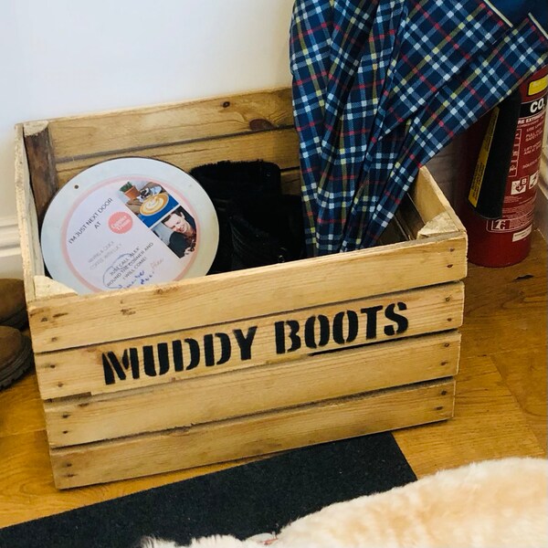 Welly Boot Rack & Shoe Rack Wooden Storage Box Apple Crate - Muddy ...