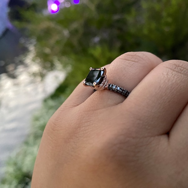 Black Engagement Ring, Square Black Natural Diamond, Three Sided Band ...